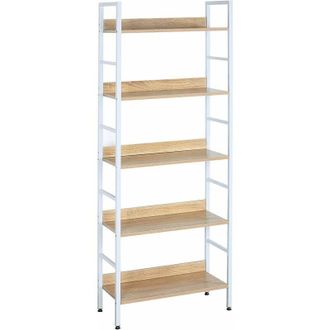 Woltu Woltu - tag&egrave;re de rangement en acier et en bois avec 5 tablettes 60x27, 5x160cm environ, moderne, Blanc+ch&ecirc;ne clair-14