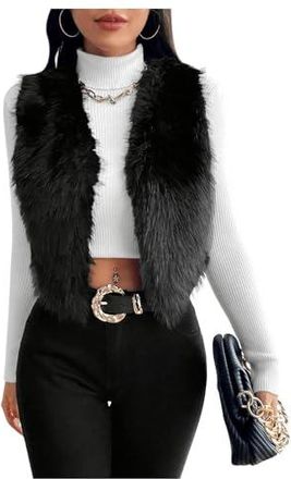 Generic Veste Gilet en Fausse Fourrure floue pour Femme Gilet sans Manches Ouvert sur Le Devant vêtements dextérieur (Noir,Grand)