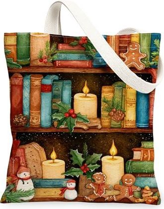 Generic Sac fourre-tout en toile vintage de No&euml;l, motif livres de vacances et bougies, sacs d&eacute;picerie r&eacute;utilisables, l&eacute;gers et lavables en toile Ba, multicolo