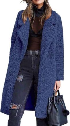 Generic Manteau en fausse fourrure &agrave; revers pour femme, long cardigan en polaire pelucheuse &agrave; revers ouvert sur le devant, veste sherpa dhiver, bleu, XX-Large
