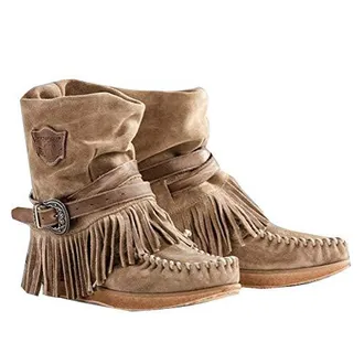 Minetom Femmes Bottes De Neige des Franges Chaussure dHiver Chaude Classique Talon Plats Boots Bottines Mode Bout Rond (A Beige, numeric_35)