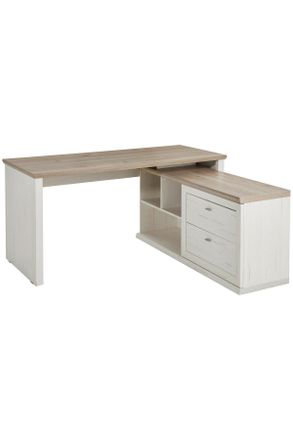 Homin Eckschreibtisch, Grau, Weiß, Holzwerkstoff, 2 Schubladen, rechteckig, Wange, Sockel, 145.3x76x160 cm, Stauraum, seitenverkehrt montierbar, Arbeitszimm