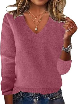 Generic Pull confortable en cachemire pour femme, col en V, automne 2025, décontracté, classique, doux, basique, pull léger et chaud, rose, L