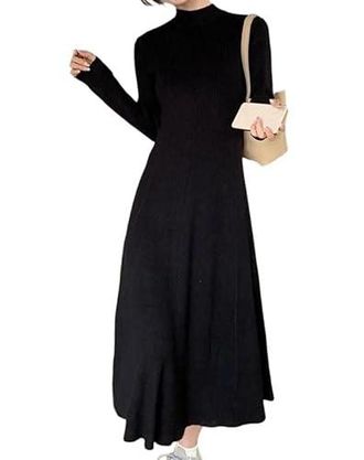 Generic Robe mi-mollet en tricot semi-col roulé à manches longues pour femme, Noir, XL