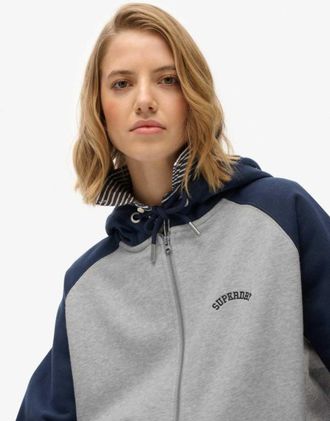 Superdry Essential - Kapuzenpullover in gletschergrau meliert/sattem Marineblau mit Logo, Raglan&auml;rmeln und Rei&szlig;verschluss