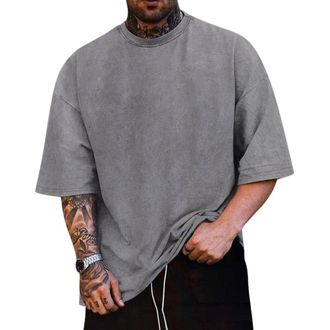 Minetom Herren Sommer T-Shirt Oversize Fit Kurzarm Oberteil Mit Rundhals Retro Washed Weit Geschnittenes Tee Einfarbig Basic Shirt T Shirts M&auml;nner Longshirt A