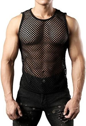JOGAL Hommes Muscle Transparent Chemises Sans Manches Résille Sous-vêtements, Noir, S