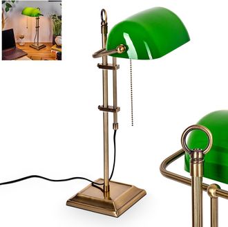 HOFSTEIN Tischleuchte Ragaz, Tischlampe aus Metall/Glas in Altmessing/Gr&uuml;n/Wei&szlig;, traditionelle Bankerlampe, Schreibtischlampe f&uuml;r B&uuml;ros im Retro/Vintage-Design