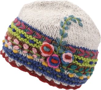 Guru Shop Farbenfrohe Wollm&uuml;tze mit Aufwendiger Blumenstickerei, Winterm&uuml;tze - Hellgrau, Herren/Damen, Wolle