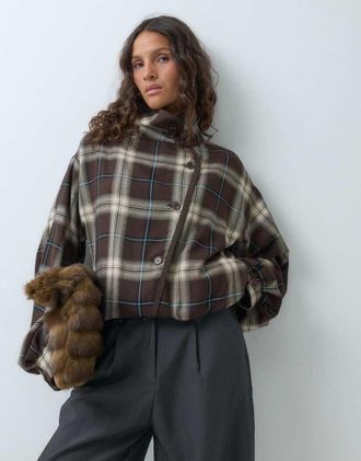 Asos bomber oversize &agrave; col chemin&eacute;e l&eacute;ger &agrave; carreaux-Marron