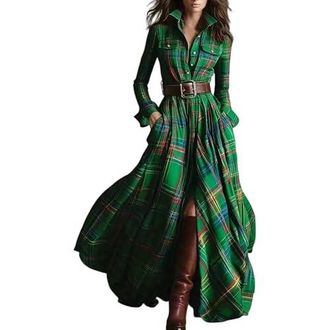 Generic Robe maxi &agrave; carreaux pour femme - Robe longue avec col en V et manches longues - Robe d&eacute;t&eacute; pour femme - Noir, vert, XXL