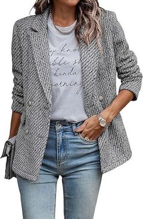 Generic Blazer Femme Vestes Blazer en Tweed pour Femmes Veste De Costume Vintage en Laine M&eacute;lang&eacute;e &Agrave; Carreaux Mode Slim Double Boutonnage Revers Crant&eacute;s Caban