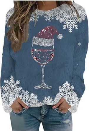 Generic Sweat-shirt de No&euml;l d&eacute;contract&eacute; &agrave; col rond et manches longues avec imprim&eacute; velours double face pour femme, bleu clair, XXL