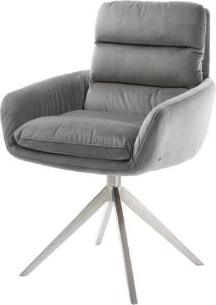 DELIFE Esszimmerstuhl Abelia-Flex mit Armlehnen Kreuzgestell breit Edelstahl Samt Grau 360&deg; drehbar Wippfunktion