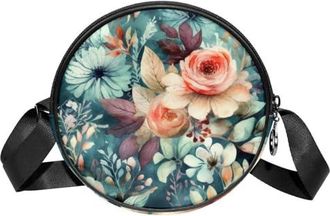 Generic Petit sac &agrave; bandouli&egrave;re circulaire pour femme, motif feuilles florales, sac &agrave; dos avec fermeture &eacute;clair, bretelles r&eacute;glables, sac &agrave; main rond d&eacute;contra