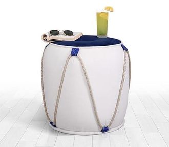 Emob Modern Pouffe with 50% Cotton & 50% Velvet, Blue & White, 44 cm Height, 42 cm Depth | 6 cm Orthopedic Sponge, PVC Coated Hidden Legs | Stylish & Funct