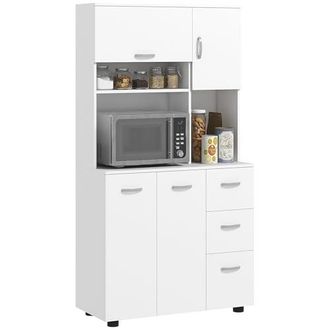 HOMCOM Armoire de Cuisine Buffet Cuisine Multi-rangements 4 Portes 3 tiroirs étagère + Grand Plateau 89L x 39,5l x 168H cm Blanc
