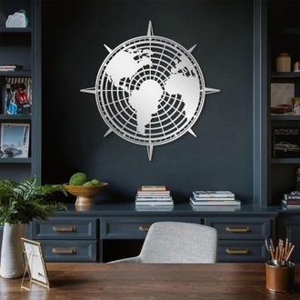 Generic Metall-Wanddeko, Kompass-Deko mit Vintage-Weltkarte, Weltkarten-Deko, Moderne Deko, Wohnaccessoires (Silber, 35x35|90x90 cm)