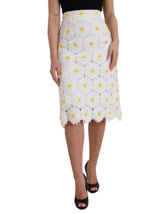 Dolce & Gabbana Womens White Floral Pencil Straight Lace Skirt Cotton Polyester Nylon