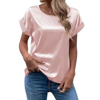 Generic Chemisier en satin de soie pour femme, col rond, manches courtes, tenue d&eacute;contract&eacute;e, haut &agrave; manches courtes, t-shirt &agrave; col rond, rose, XXL