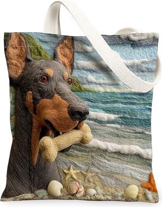 Generic Sac fourre-tout amusant en toile motif doberman pour faire du shopping, 33 x 38,1 cm, sac d&eacute;picerie r&eacute;utilisable pour femme, peinture danimaux domesti