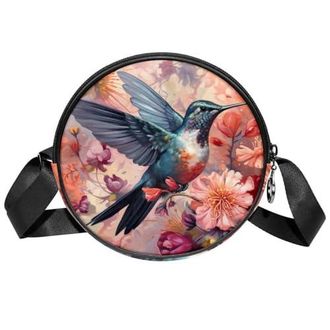 Generic Petit sac &agrave; bandouli&egrave;re rond pour femme, motif colibri floral avec fermeture &eacute;clair, bretelles r&eacute;glables, sac &agrave; main rond d&eacute;contract&eacute; pour femmes et f