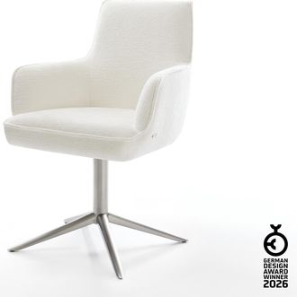 DELIFE Drehstuhl Heira-Flex mit Armlehnen Boucl&eacute; Soft Beige Fu&szlig;kreuz Edelstahl 360&deg; drehbar Wippfunktion Taschenfederkern, Esszimmerst&uuml;hle