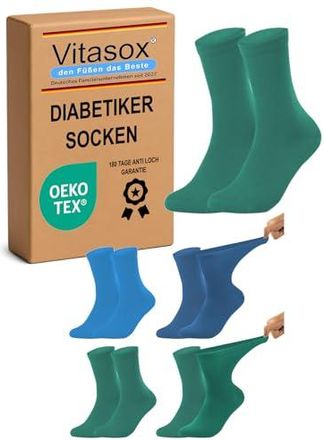 Vitasox Chaussettes diabétiques pour femme - Chaussettes diabétiques sans élastique - Anti-coupure et anti-pression, 4 x bleu et vert, 39-42
