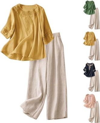 Generic Linen Co Ord Ensembles pour femme Haut de gamme en lin brod&eacute; col rond pantalon jambe large deux pi&egrave;ces ensemble d&eacute;t&eacute; quotidien d&eacute;contract&eacute; coton grand