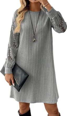 Generic Robe tricot&eacute;e pour femme - Robe pull c&ocirc;tel&eacute;e avec manches en dentelle florale - Col rond - Robe midi trap&egrave;ze - Coupe ample pour week-end, brunch, caf&eacute;