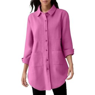 Generic Chemises en lin pour femme - Haut long boutonn&eacute; - Grande taille - Chemisier avec poches - Chemise de nuit grande taille pour femme, rose vif, XXL