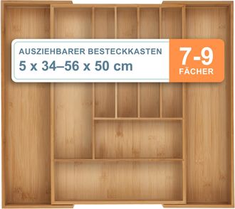 Relaxdays Besteckkasten, 7-9 Fächer, ausziehbarer Besteck Schubladeneinsatz, HxBxT: 6 x 34-56 x 50 cm, Bambus, Natur