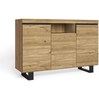 Skraut Home Anrichte f&uuml;r Wohnzimmer, Esszimmer, B&uuml;ro, Farbe: Eiche/Schwarz, 3 T&uuml;ren, 1 Fach, 140x40x92cm, Nordic - Skraut Home