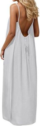 Generic Robe caraco dos nu pour femme, robe d&eacute;t&eacute; longue avec noeud dans le dos, robe d&eacute;t&eacute; ample et fluide sans manches, v&ecirc;tements de vacances &agrave; la plage, blan