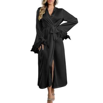 Generic Peignoir Femme Longue Col V Manches Longues Satin Velours Dentelle Dos Nu Robe de Chambre Maxi Unie Pyjama Élégant