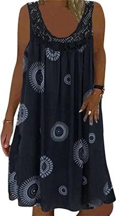 ORANDESIGNE Robe Tunique Femme de Plage Rétro Boho Robes Col V Robes au Genou sans Manches Imprimé Floral Casual Ample Dress Grande Taille Robe G Noir 50