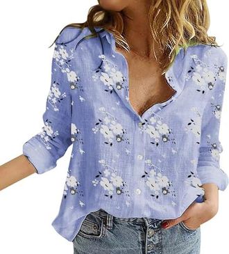 Generic Hauts en coton et lin pour femme &agrave; manches longues - Blouses d&eacute;t&eacute; pour femmes grande taille - Blouses et chemises unies pour les vacances, hauts de tr