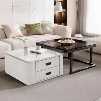 Generic Couchtisch 2er Set, Wei&szlig;e Marmor Satztisch mit Schubladen, Beistelltisch mit Metallrahmen und Glas, Platzsparender Moderne Sofatische f&uuml;r Schlafzimmer