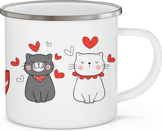 OM3 s&uuml;&szlig;e Emaille-Tasse mit Katzenmotiv Katze Kitten Cat Love | Emailletasse Emaille Becher | 12oz 300ml | Beidseitig Bedruckt | Wei&szlig;-Metall