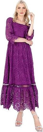 Lovedrobe Womens Midaxi Dress Ladies Lace Square Neckline Long Sleeve High Waist Empire A-Line for Wedding Guest Evening Occasion Robe Lilas 48 Femme