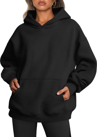 TOMWELL Oversized Hoodie Damen Winter Pullover Casual Kapuzenpullover Langarm Sweatshirt Tops mit Taschen A Schwarz XXL