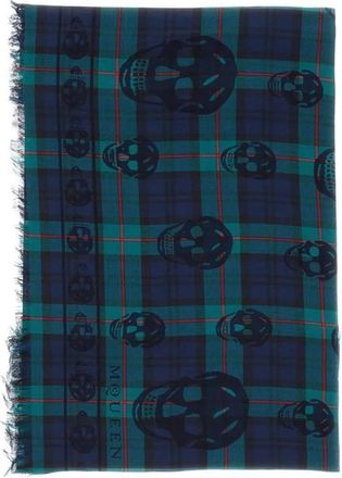 Alexander McQueen Alexander McQueen Tücher & Schals - Tartan Scarf With Printed Skulls And Fringed Edges - Gr. unisize - in Blau - für Damen