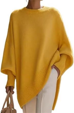 Generic Pull d&eacute;contract&eacute; &agrave; col rond et manches chauve-souris en tricot ample tendance r&eacute;tro paresseux manteau printemps c&ocirc;tel&eacute; chaud ch&acirc;le pull tops, jaune, X