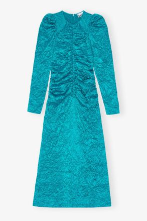 Ganni Robe midi bleue en satin froiss&eacute; avec col rond - Taille 38 Bleu - Pour Femme
