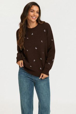 FS Collection Strickpullover Damen Strickpullover Blumenstickerei Rundhals Langarm Wollmix (Einheitsgr&ouml;&szlig;e: EU 36-44 / UK 8-16) Wollmix mit floraler Stickerei auf Vo