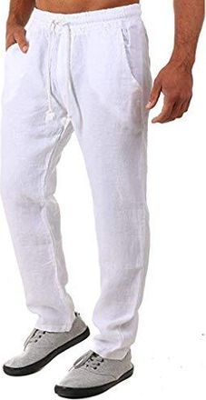 Generic Pantalon d&eacute;t&eacute; long en lin pour homme - Pantalon de loisirs avec cordon de serrage - Pantalon en lin a&eacute;r&eacute; - Pantalon de travail l&eacute;ger - S&eacute;chage rapide 