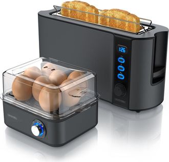 Arendo Fr&uuml;hst&uuml;cks-Set, Eierkocher eightcook, 2-Scheiben Langschlitz Toaster, Grau - Arendo