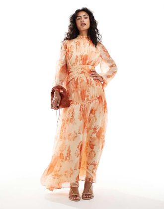 Asos Robe longue &agrave; chevrons et imprim&eacute; flou avec fronces et col montant - Orange
