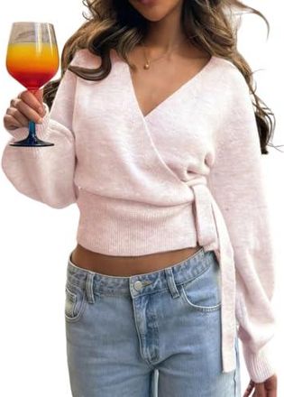 Generic Pull en tricot &agrave; col en V crois&eacute; pour femme avec noeud irr&eacute;gulier, haut enveloppant &agrave; manches longues, &eacute;paules tombantes c&ocirc;tel&eacute;es, hauts en tricot d&eacute;c