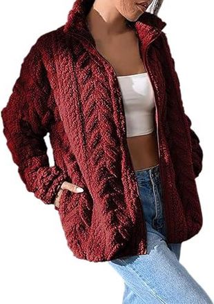 Generic Vestes dhiver en polaire pour femmes 2026 avec fermeture &eacute;clair et col montant avec poches, Rouge, XXL